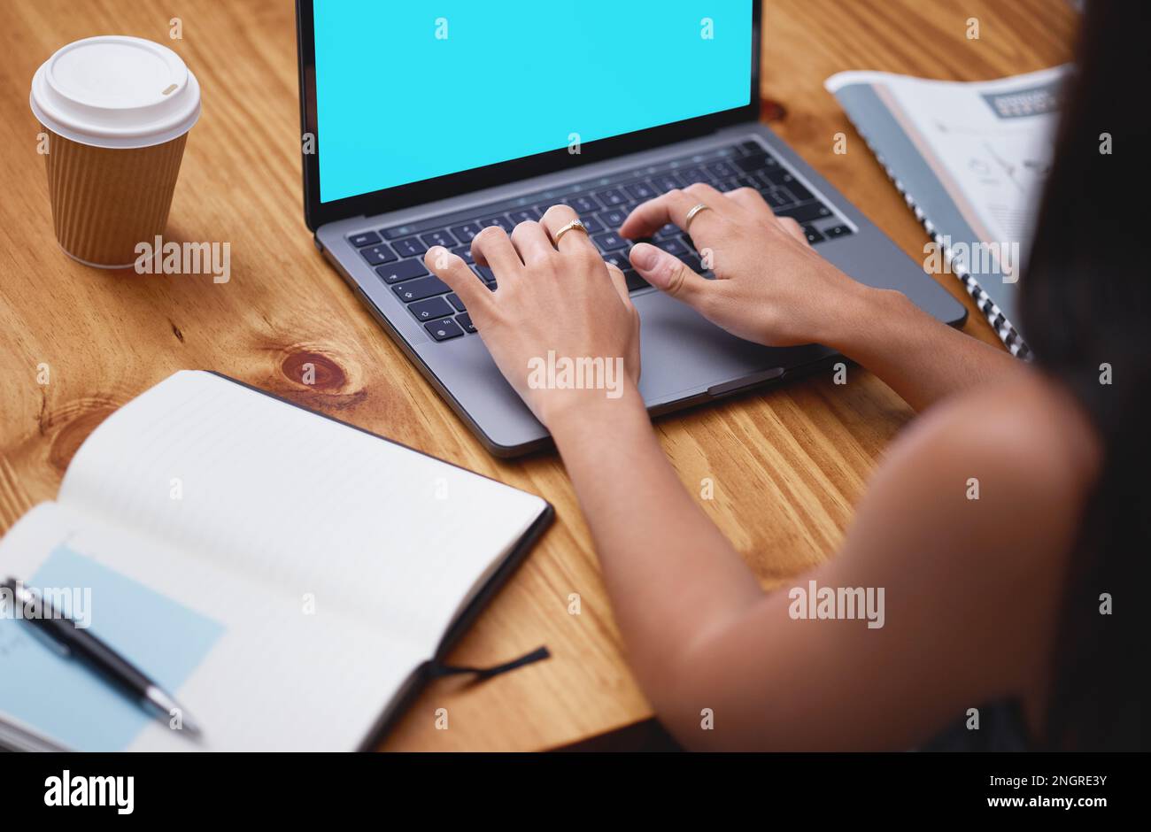 Woman hands, laptop and typing on mockup screen for planning, data analysis and internet ...