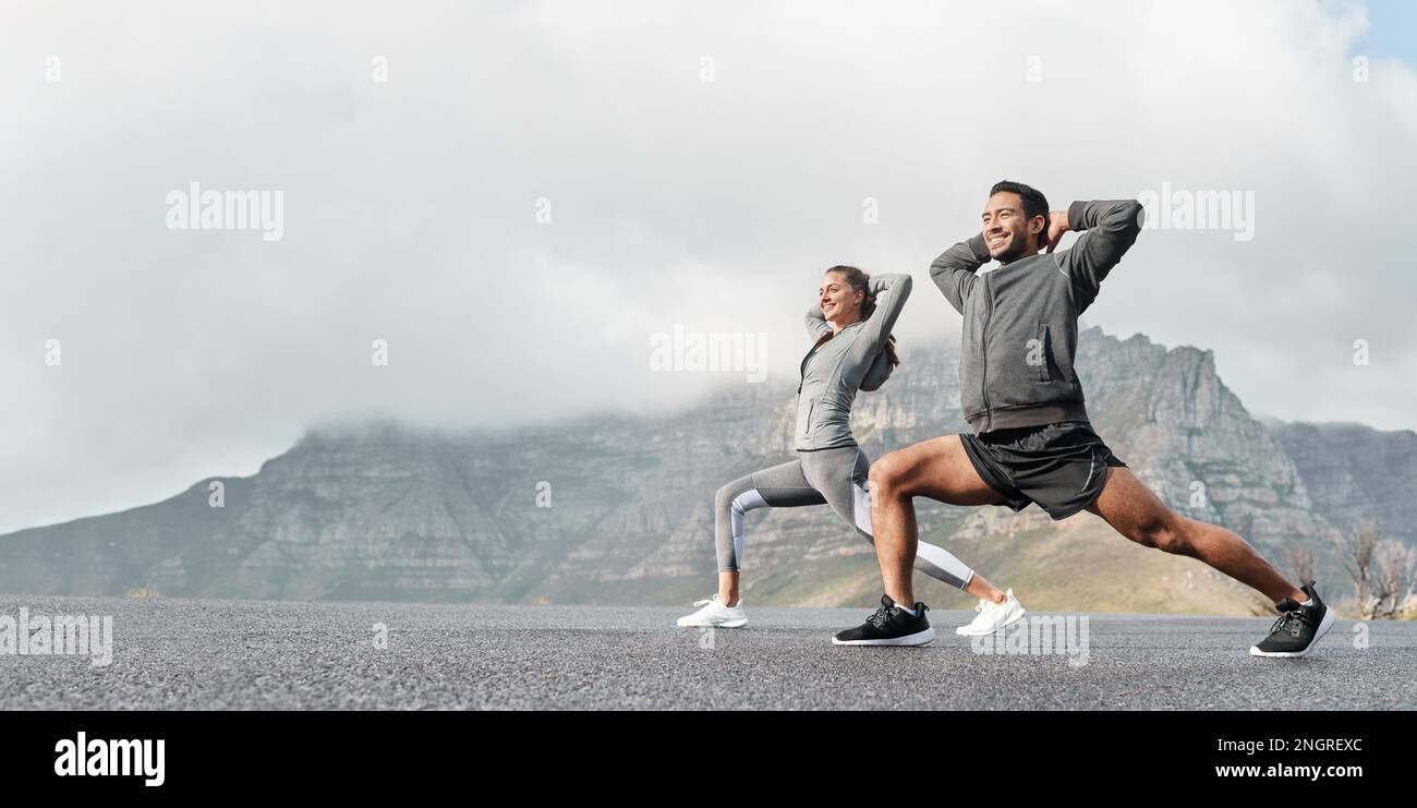 Exercise, mockup and couple workout and stretch together outdoors in ...