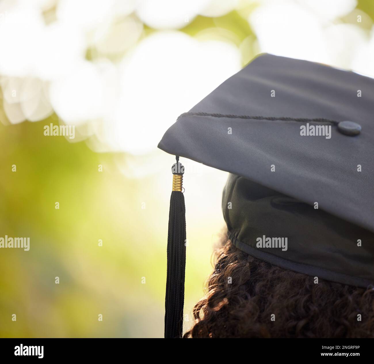 Graduation cap, thinking and woman outdoor planning future with ...