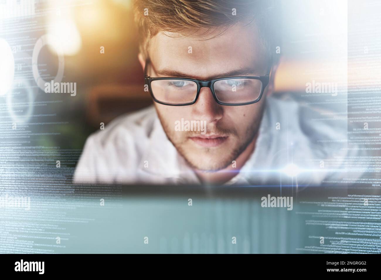 Programmer Code And Man With Hologram Cyber Security And Data Analysis For Communications