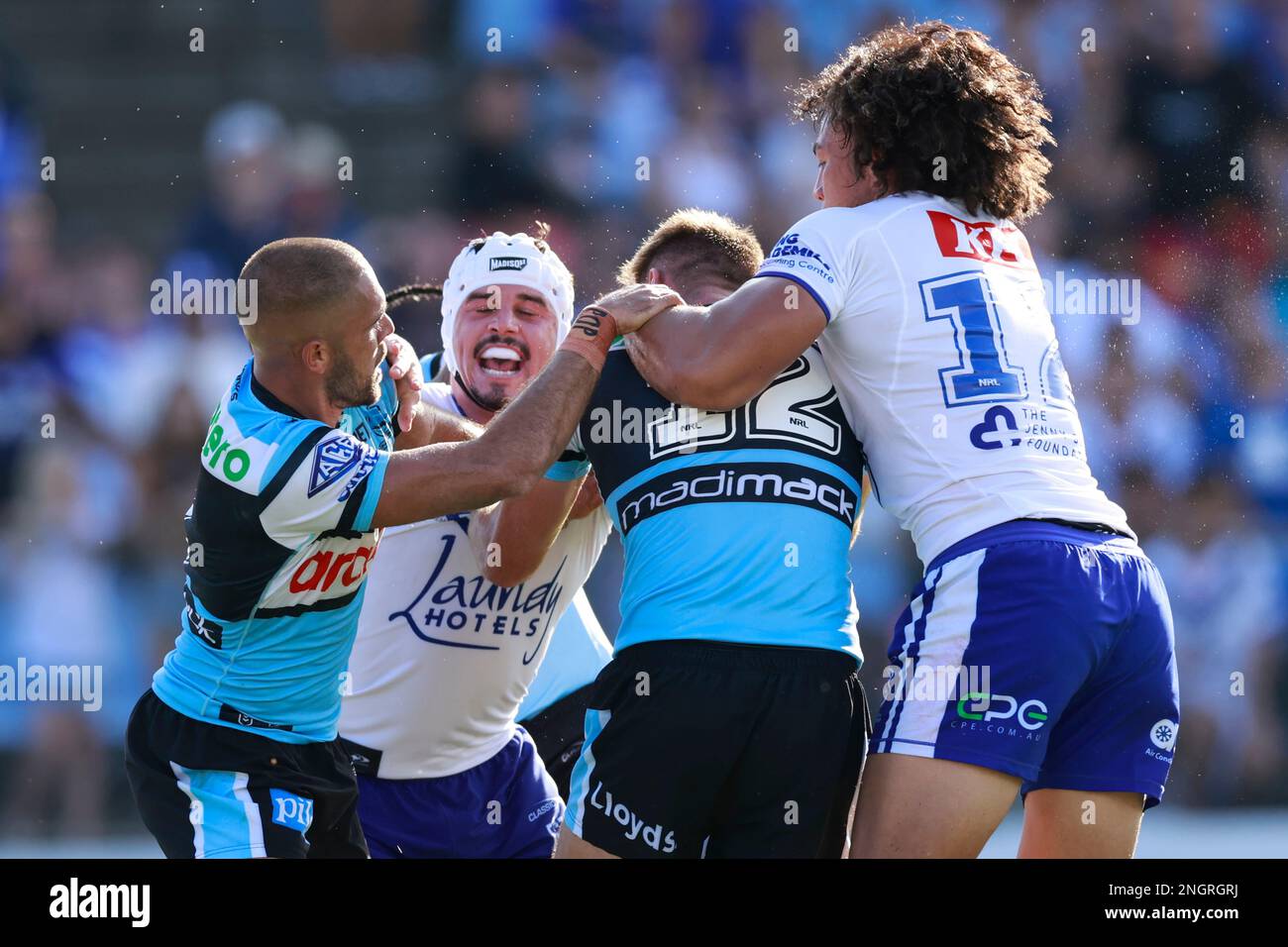 Reed Mahoney of the Bulldogs brawls with William Kennedy of the Sharks ...