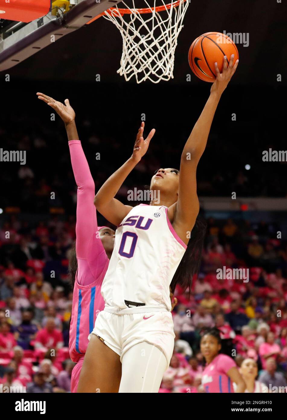 LSU Lady Tigers forward Angel Reese (10) shoots a layup against Ole Miss Rebels center Rita ...