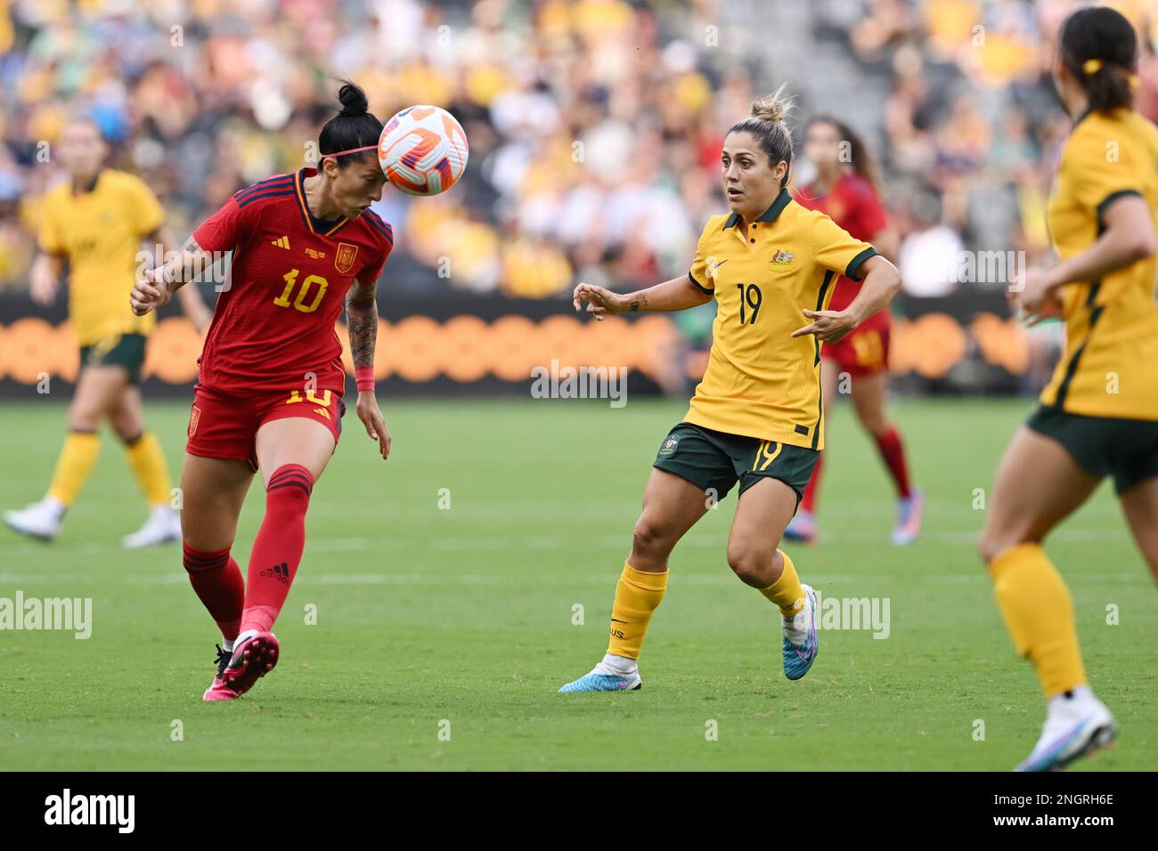 Jennifer Hermoso of Spain and Katrina Gorry of Australia during the ...