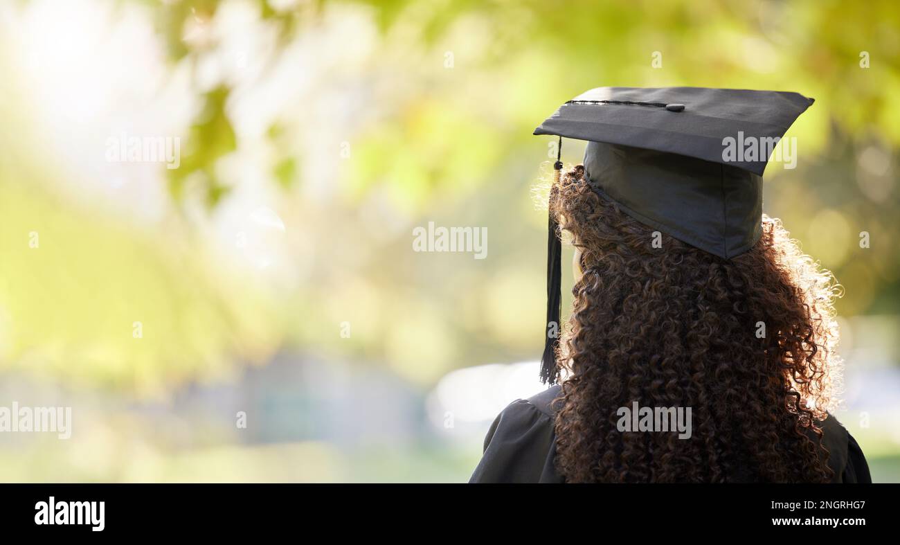 Graduation cap, mockup and black woman thinking future, education and ...