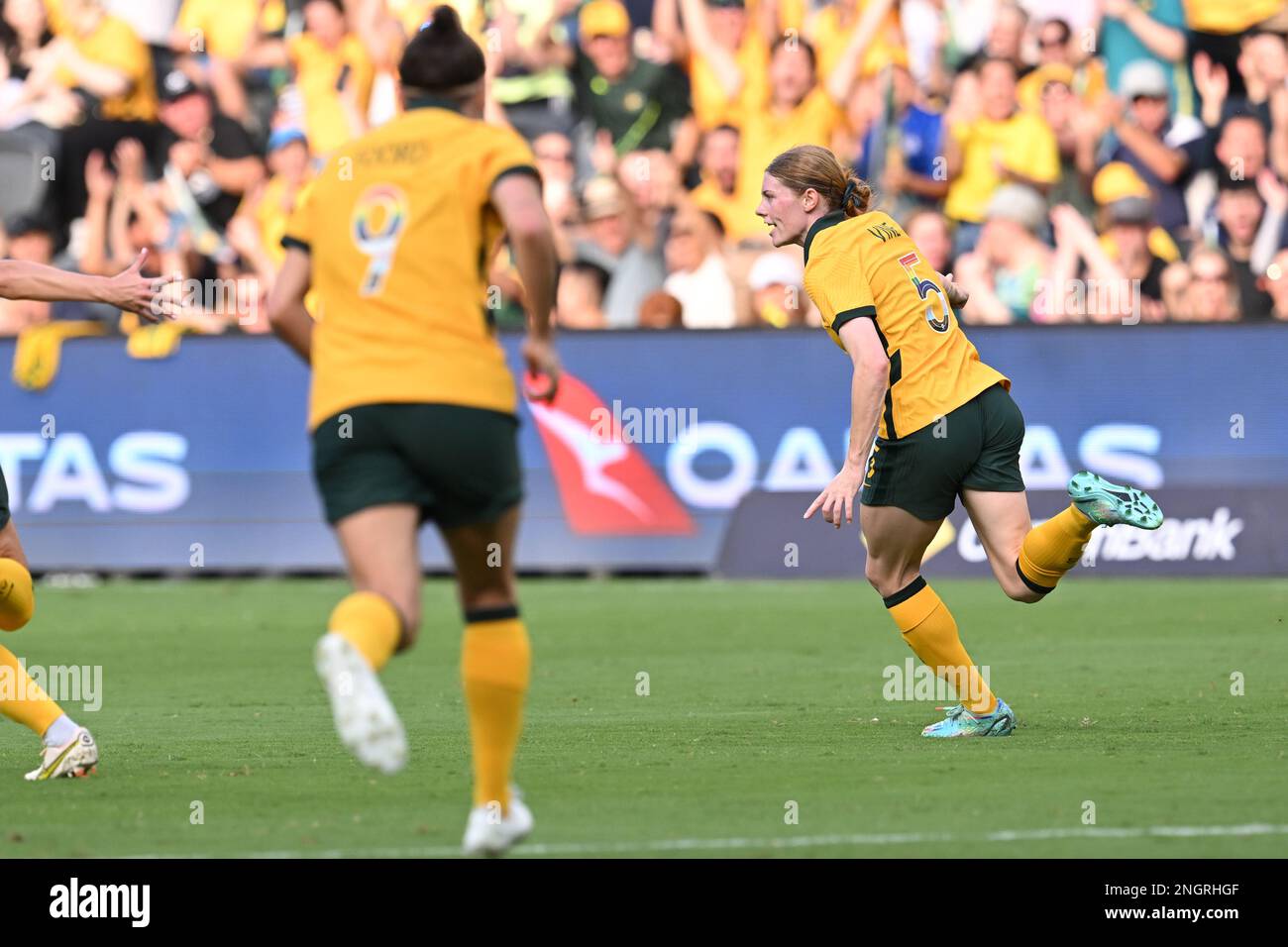 Cortnee Vine of Australia celebrates after scoring a goal during the ...