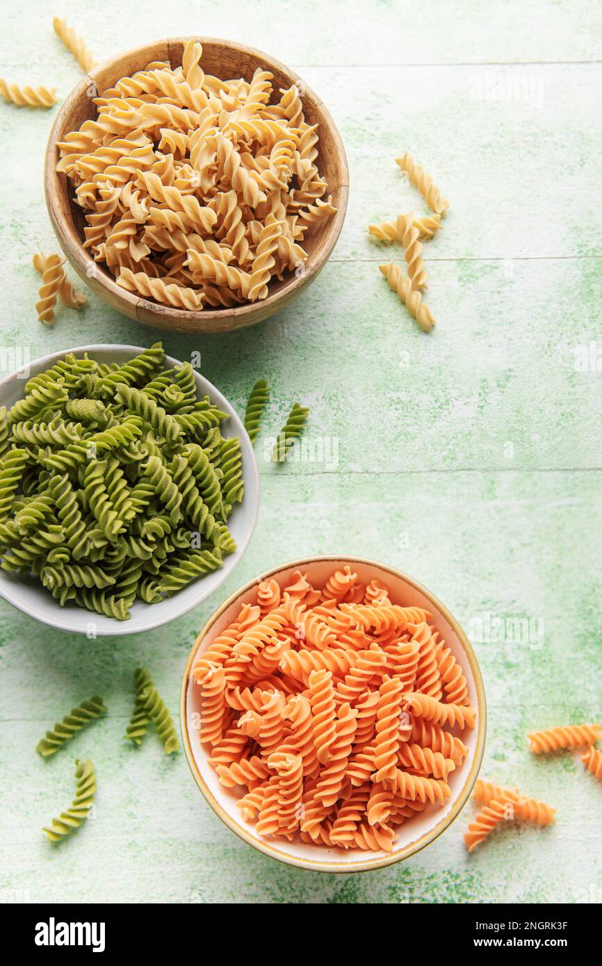 A variety of fusilli pasta made from different types of legumes, green ...