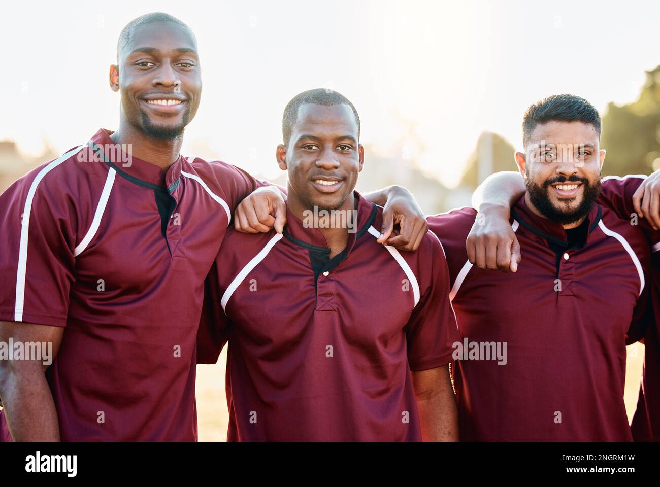 Men, sports portrait and rugby team on field for support, training and ...