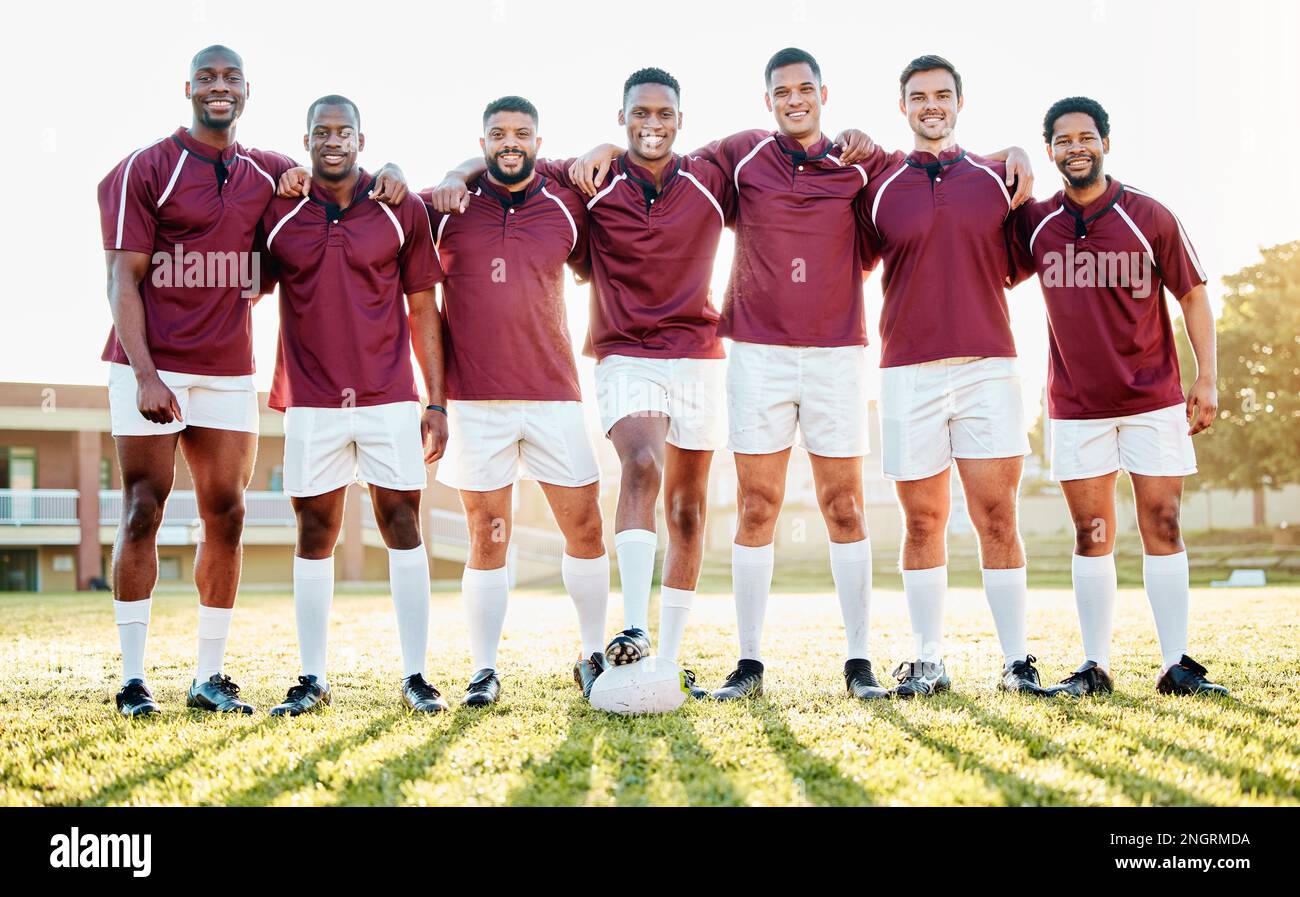 Men, sports and portrait of a rugby team on a field for stretching ...