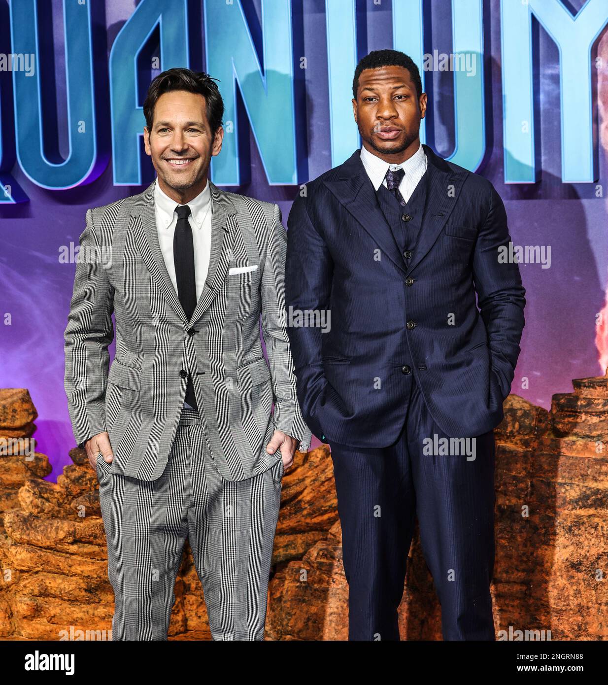 London, UK. 16th Feb, 2023. Paul Rudd and Jonathan Majors seen ...