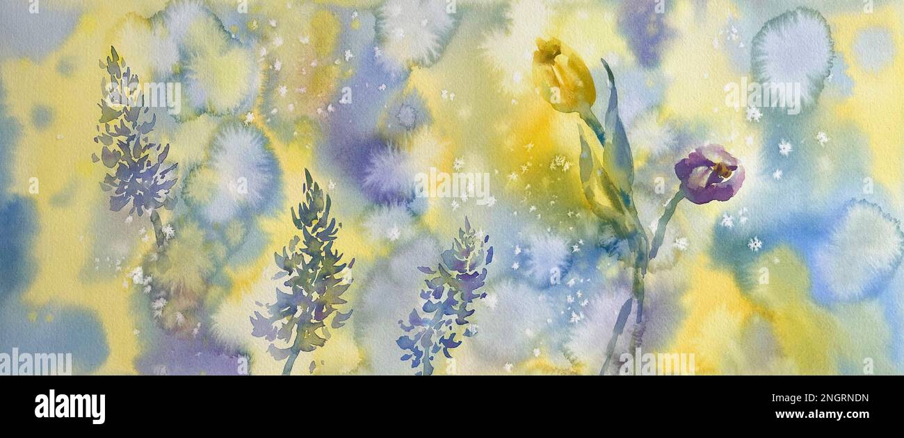 Blue and yellow spring flowers watercolor background Stock Photo - Alamy