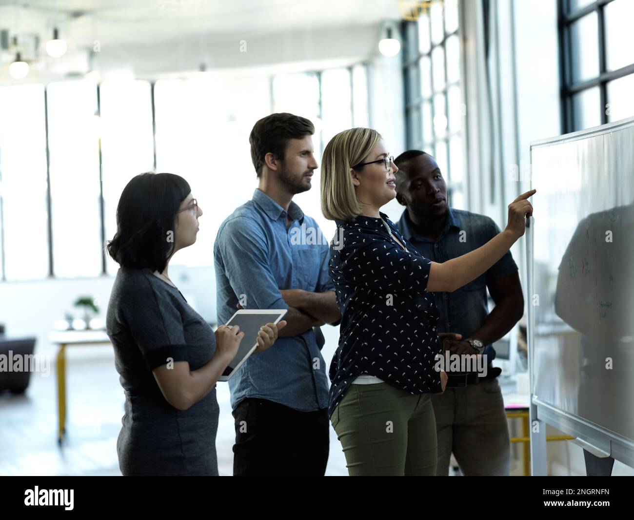 Creative people, whiteboard and planning strategy in brainstorming, schedule or tasks at office ...