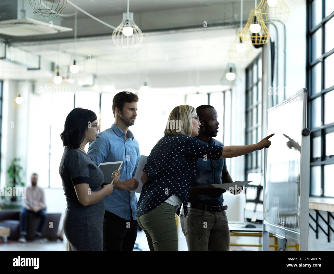 Creative business people, whiteboard and brainstorming in planning, schedule or strategy at ...