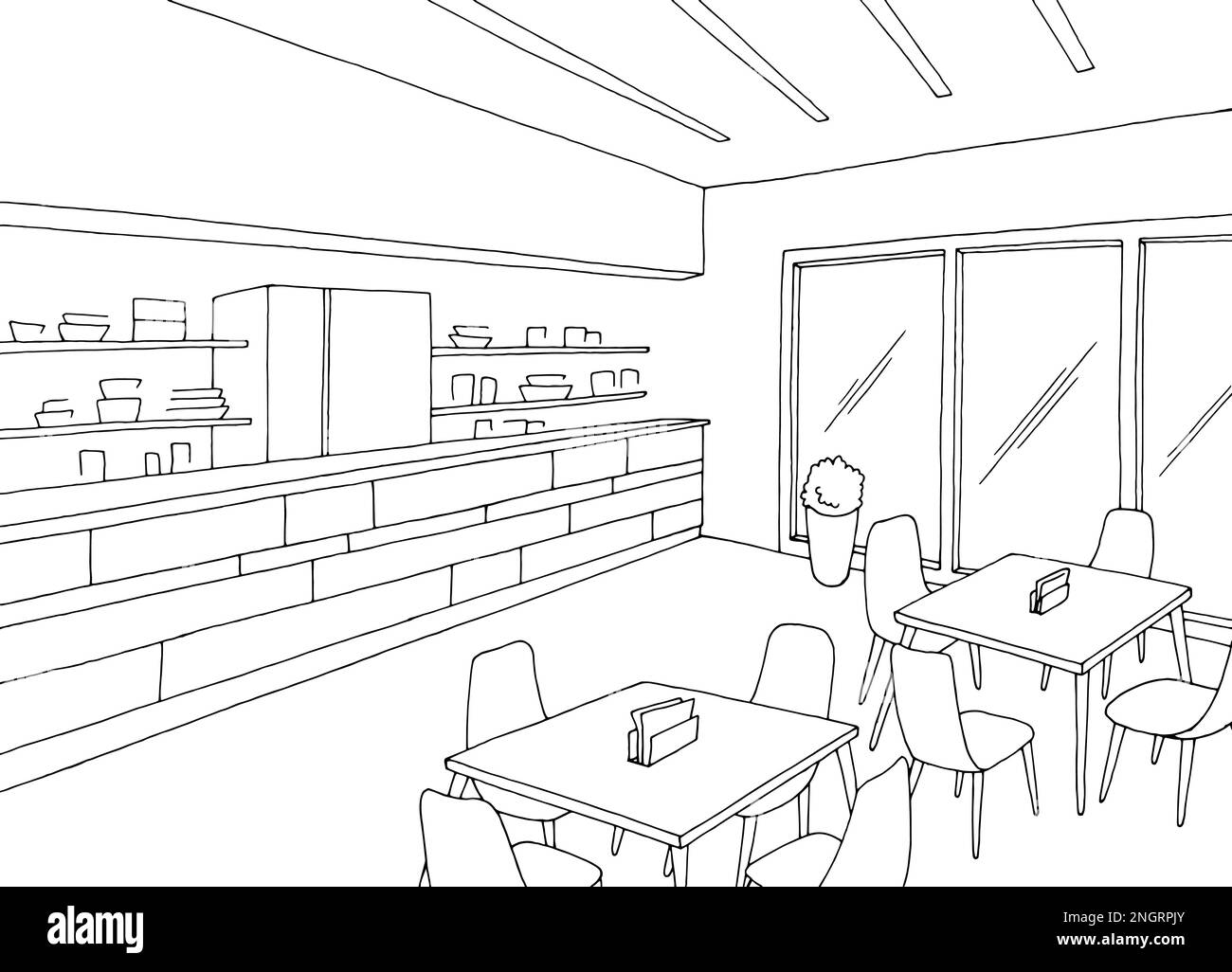 Cafe interior fast food court graphic black white sketch illustration ...