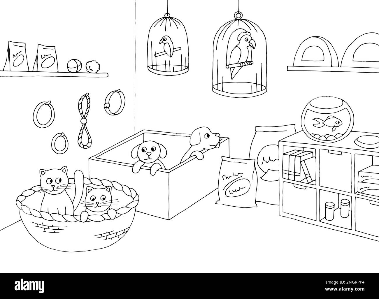 Pet shop store graphic interior black white sketch illustration vector ...