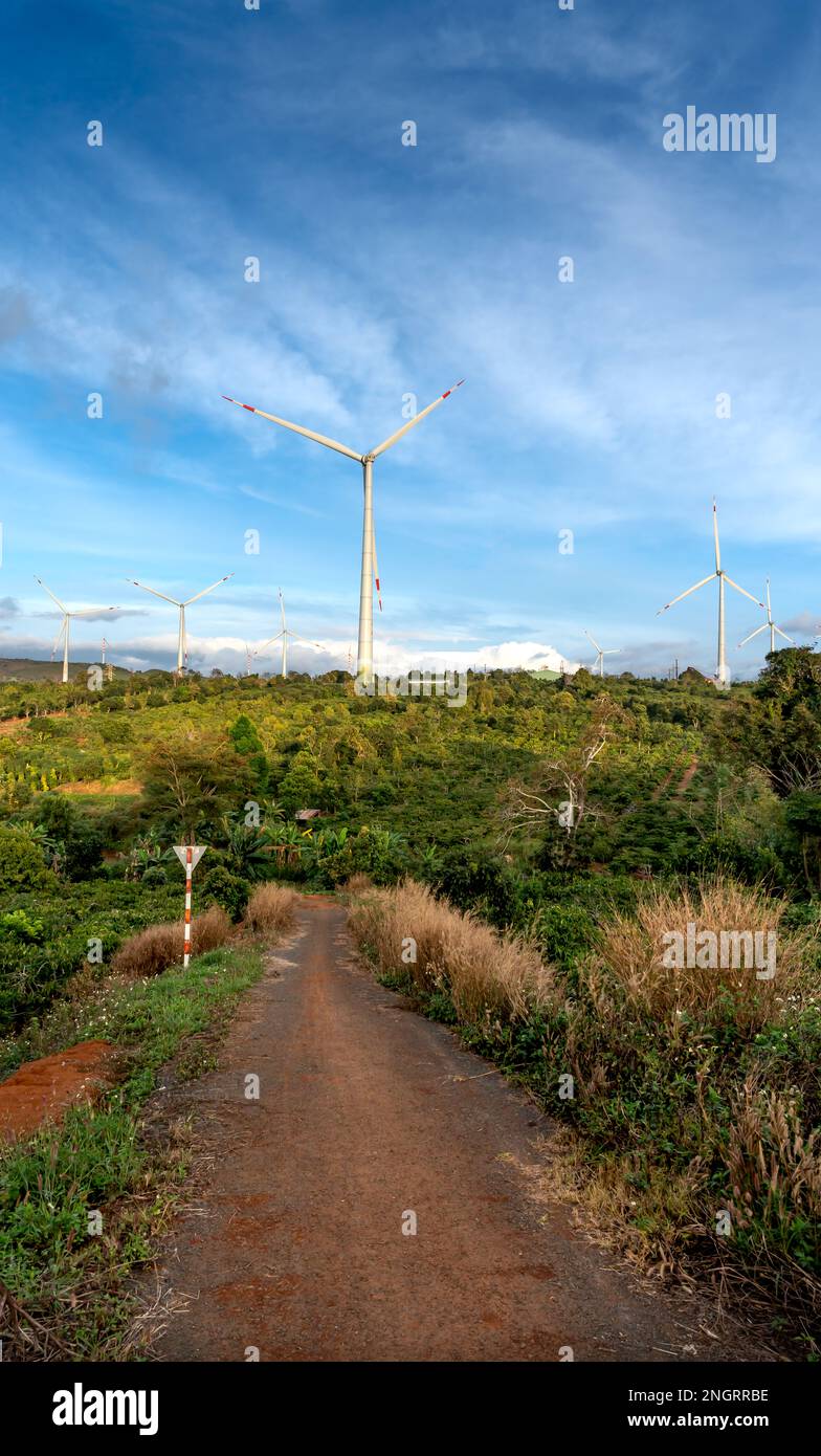 Wind power plant in the sunset in Ea H'Leo district, Dak Lak province ...