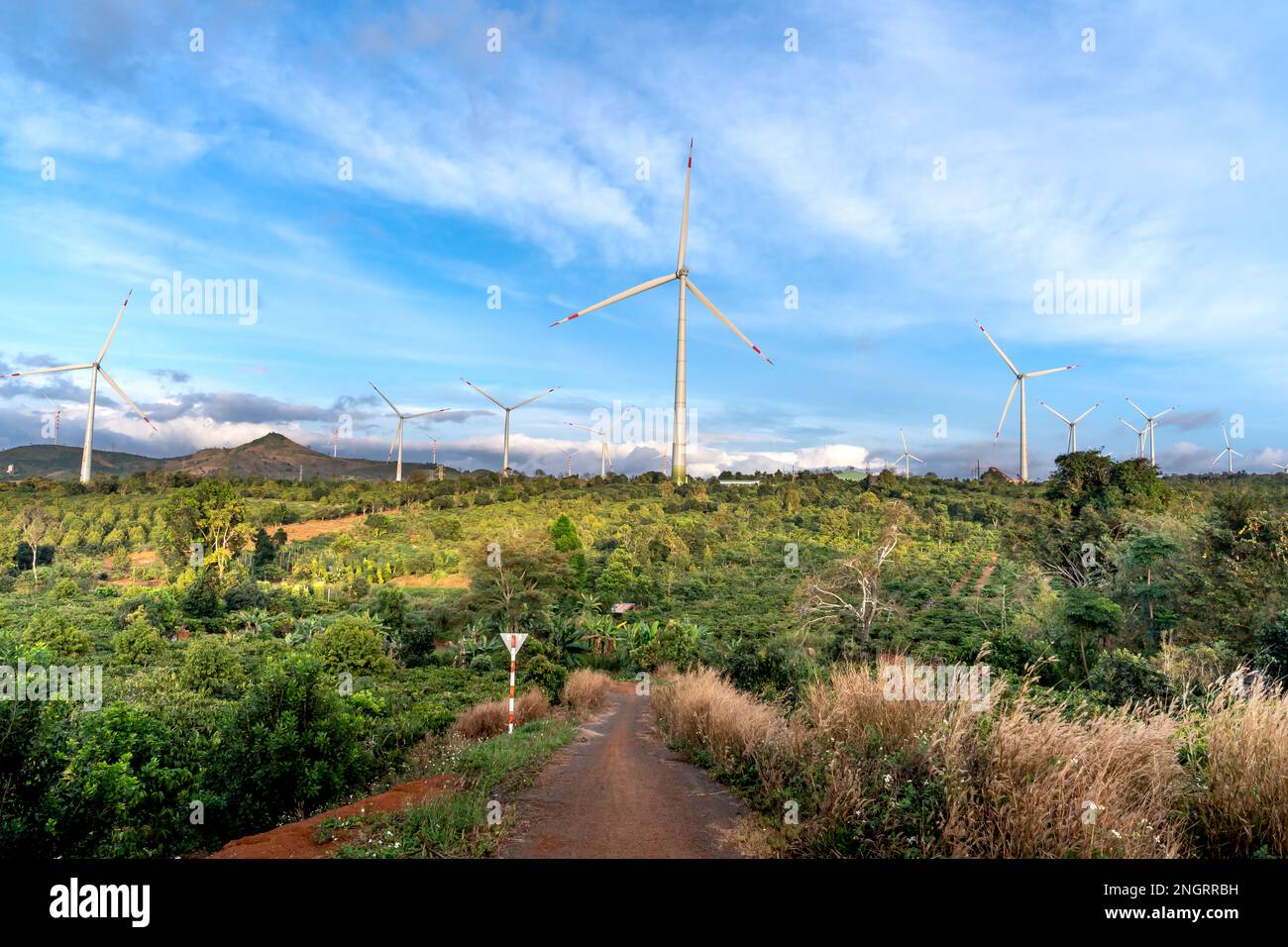 Wind power plant in the sunset in Ea H'Leo district, Dak Lak province ...