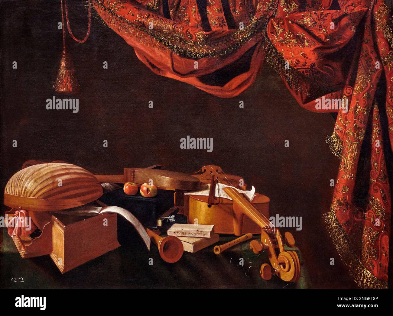 Strumenti musicali e tendone rosso - olio su tela - Evaristo Baschenis ...