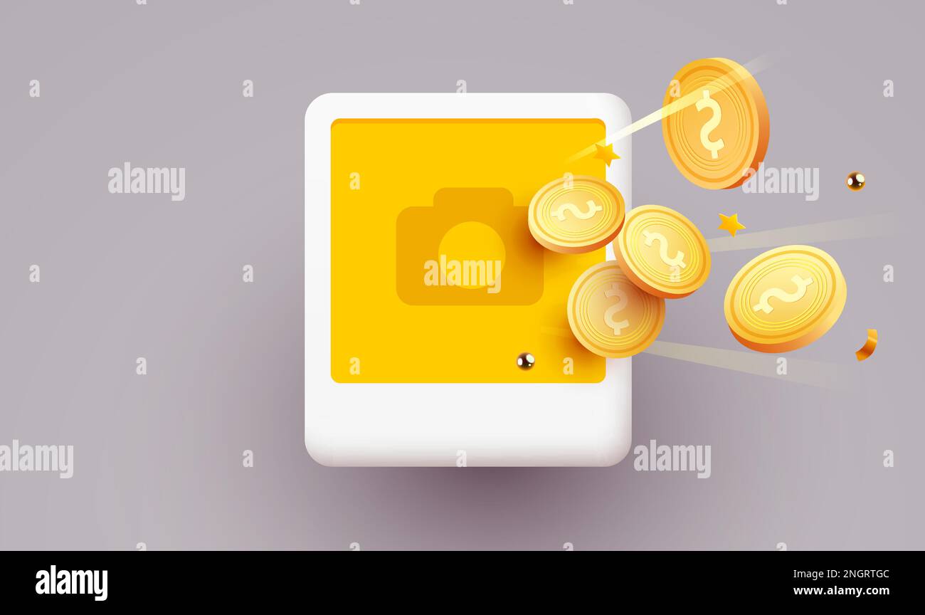 Social media photo frame with money explosion. Monetization concept ...