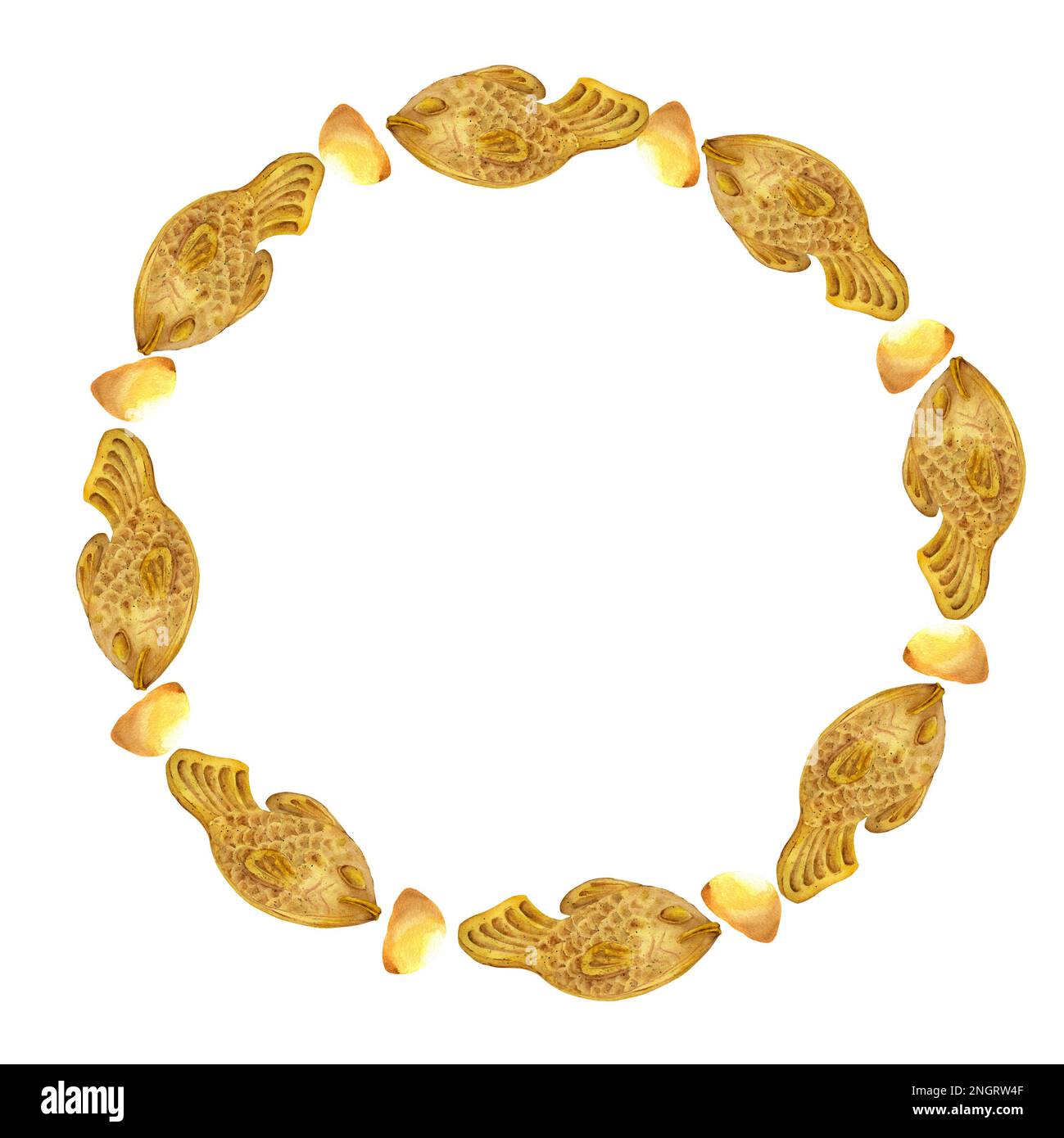 Watercolor hand drawn traditional Japanese sweets. Circle wreath of ...