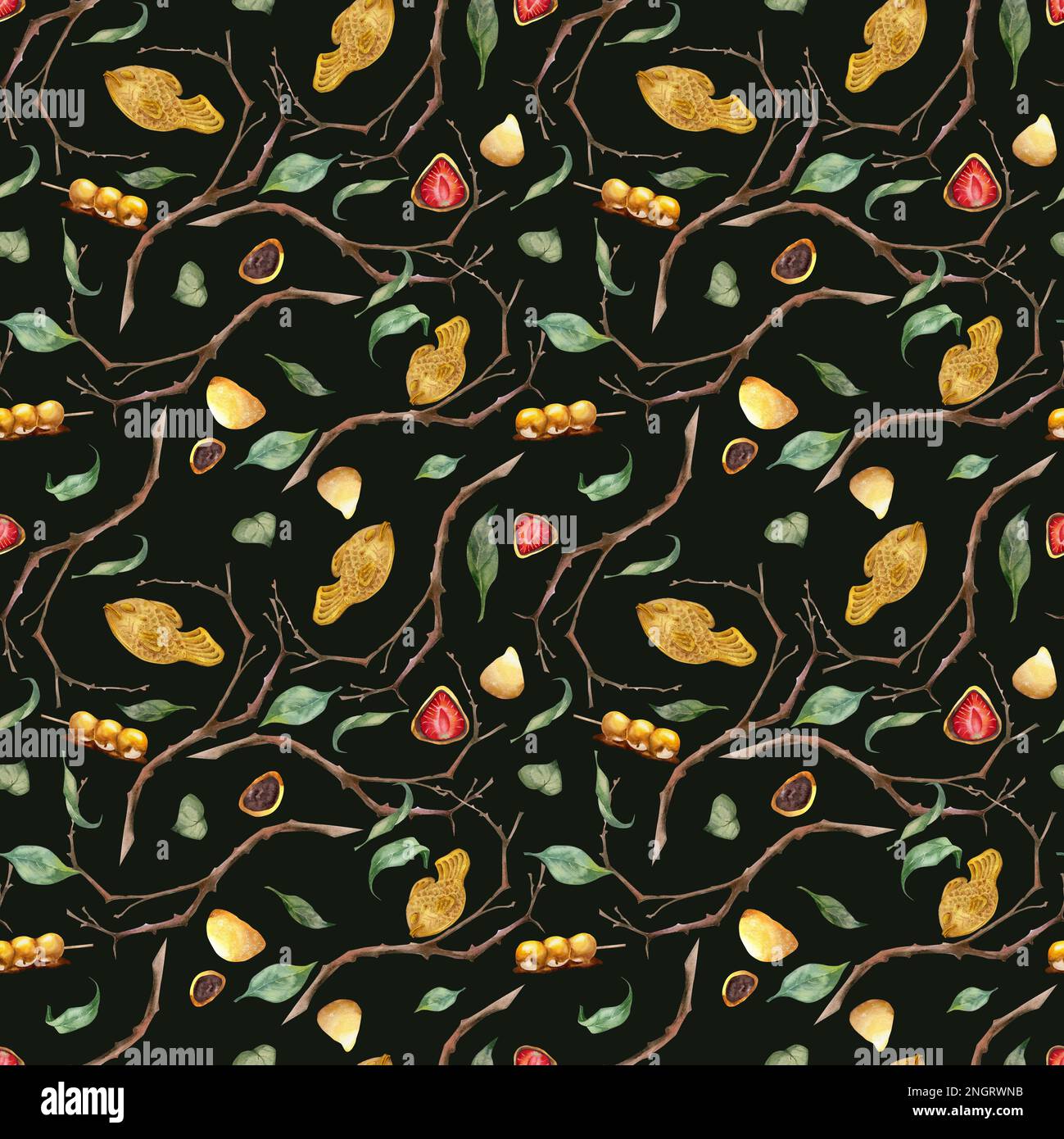 Watercolor seamless pattern with hand drawn traditional Japanese sweets ...