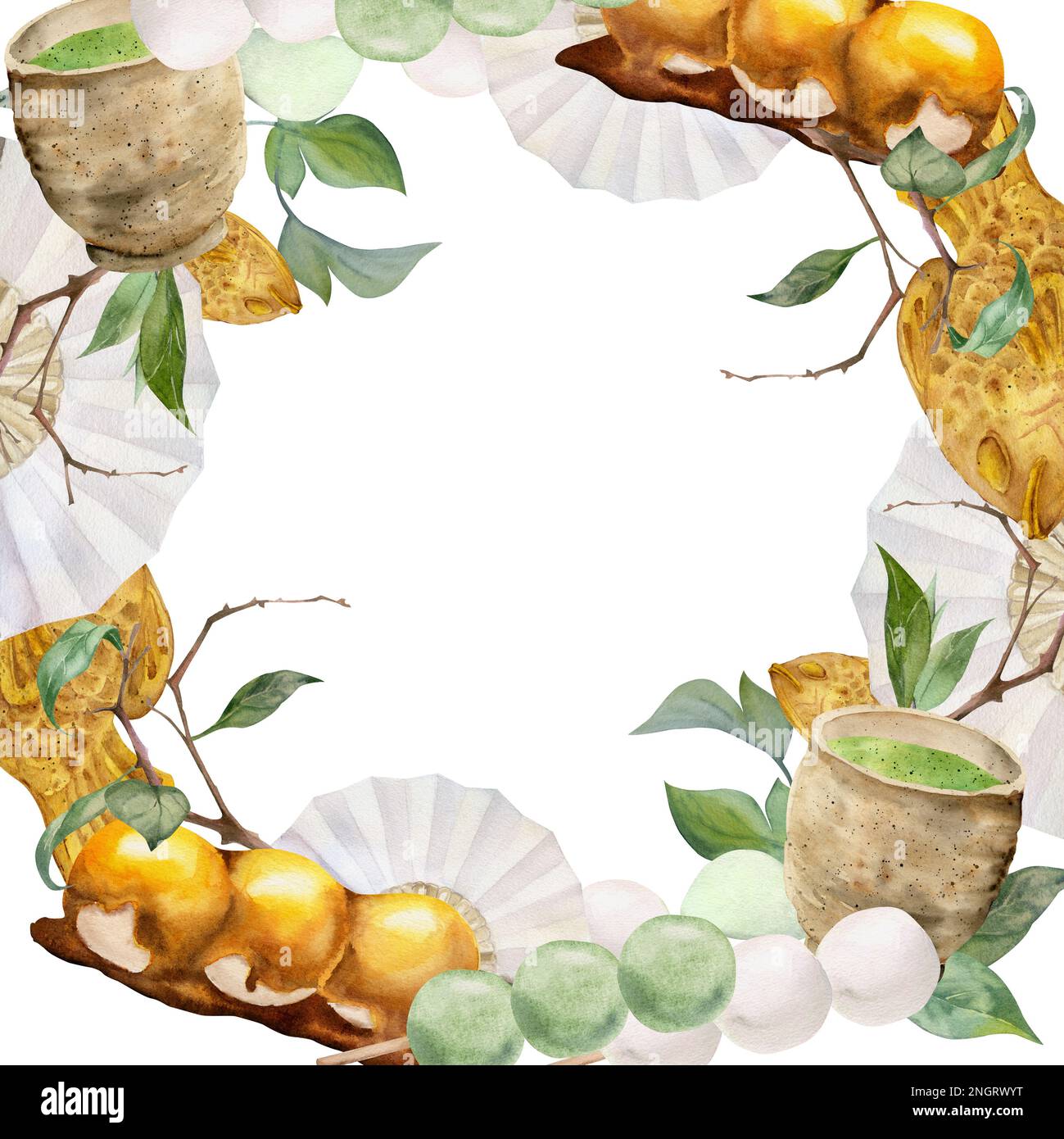 Watercolor hand drawn traditional Japanese sweets. Circle wreath of ...