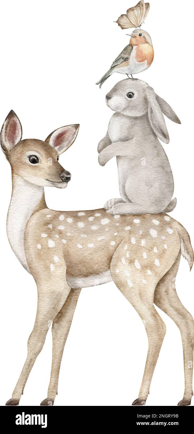 Watercolor woodland animals. Deer, rabbit, bird and butterfly for wall ...