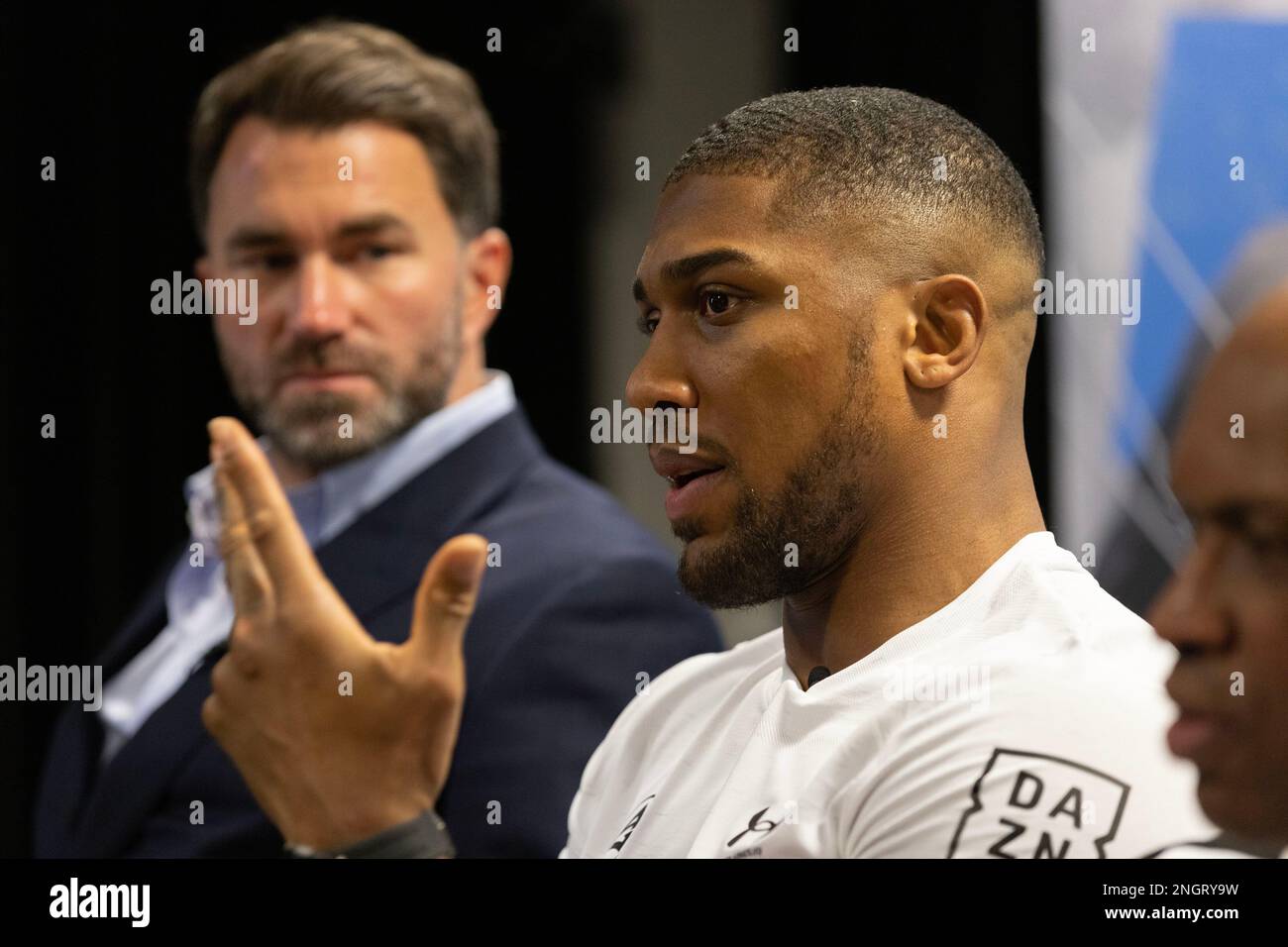 Boxer Anthony Joshua with promoter Eddie Hearn (left) at a Press Conf ...