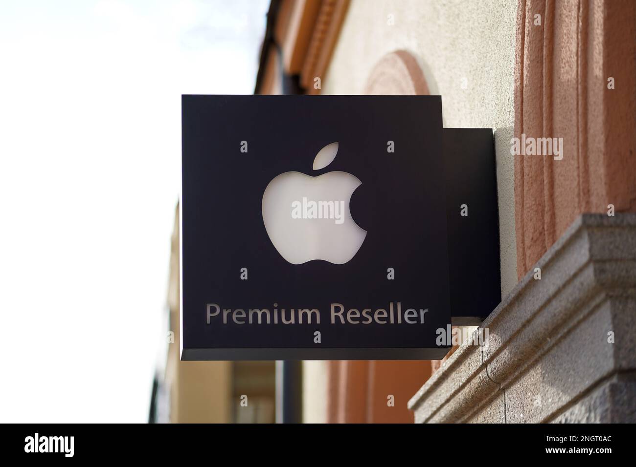 Stockholm, Sweden - Nov 29, 2022. Close-up view of the sign of an Apple ...