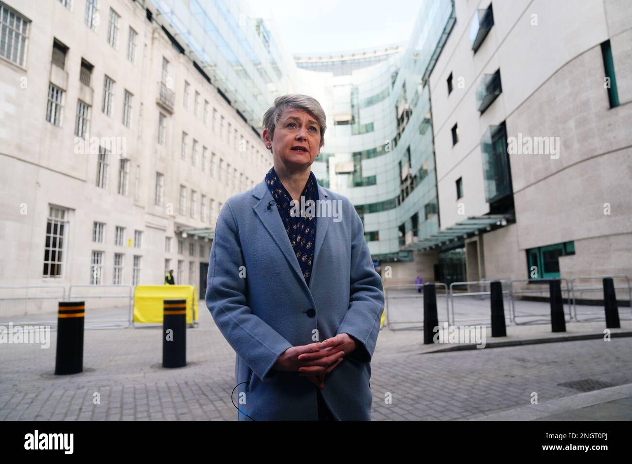 Shadow home secretary Yvette Cooper speaks to the media as she arrives ...