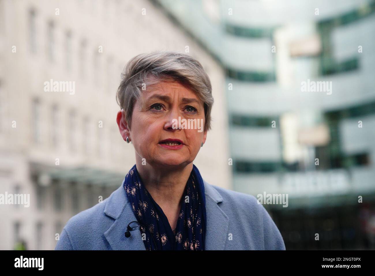 Shadow home secretary Yvette Cooper speaks to the media as she arrives ...