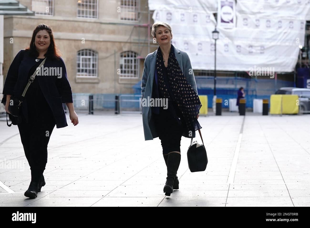 Shadow home secretary Yvette Cooper (right) arrives at BBC Broadcasting ...