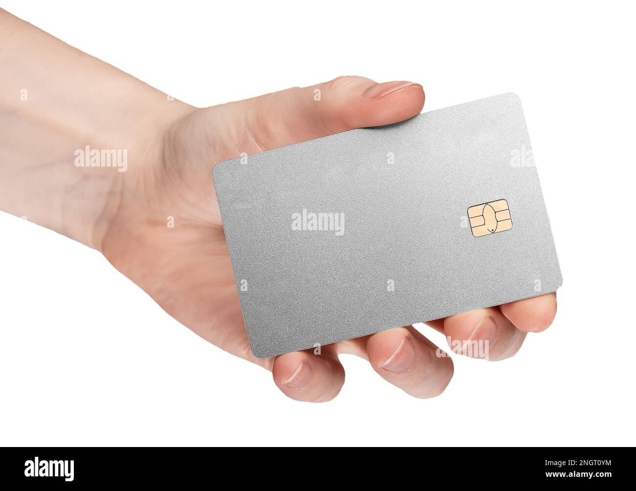 Silver bank card with chip in female hand isolated on white background ...