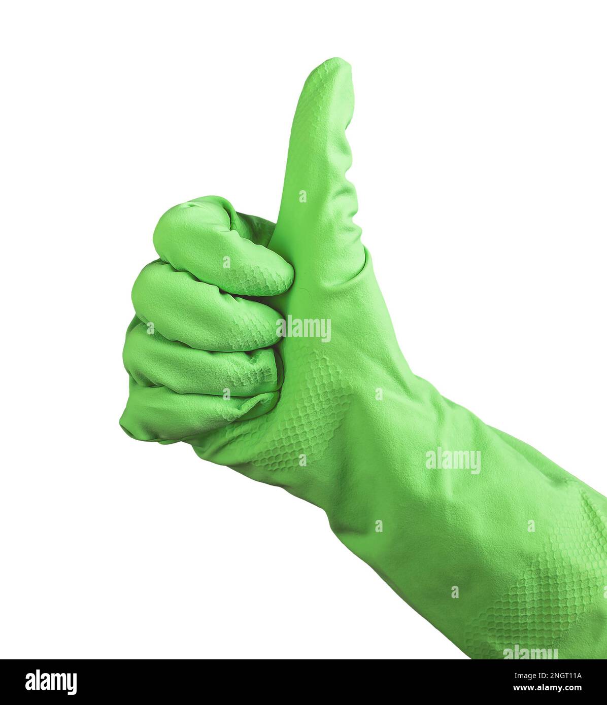 Thumb up gesture of cleaner hand. Ok sign, thumbup of green rubber ...