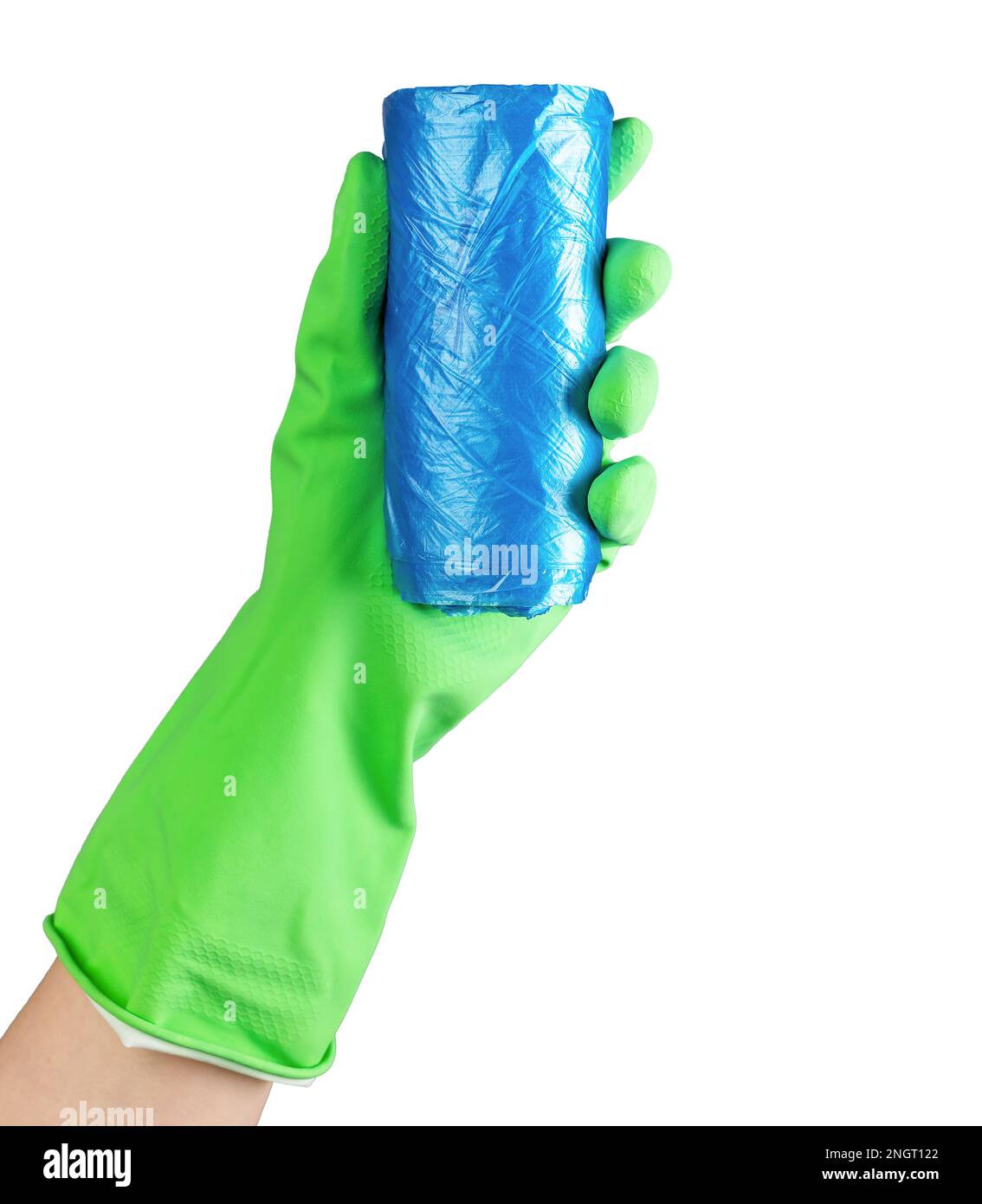 Garbage bag roll in hand in green glove isolated on white background ...