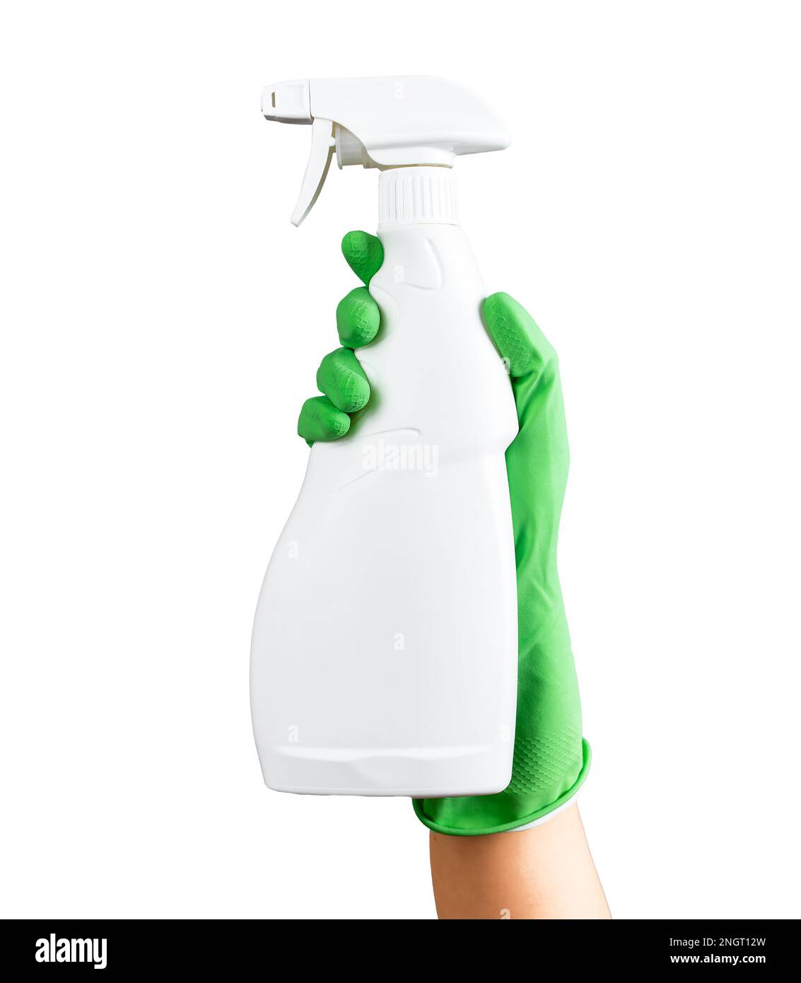 Hand in glove holding spray bottle mockup, liquid chemical in blank ...