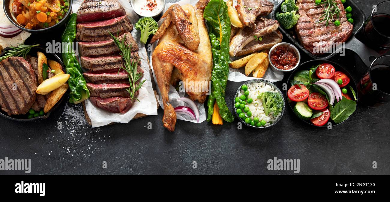 Various types of healthy cooked meat - beef, pork, chicken on a dark ...