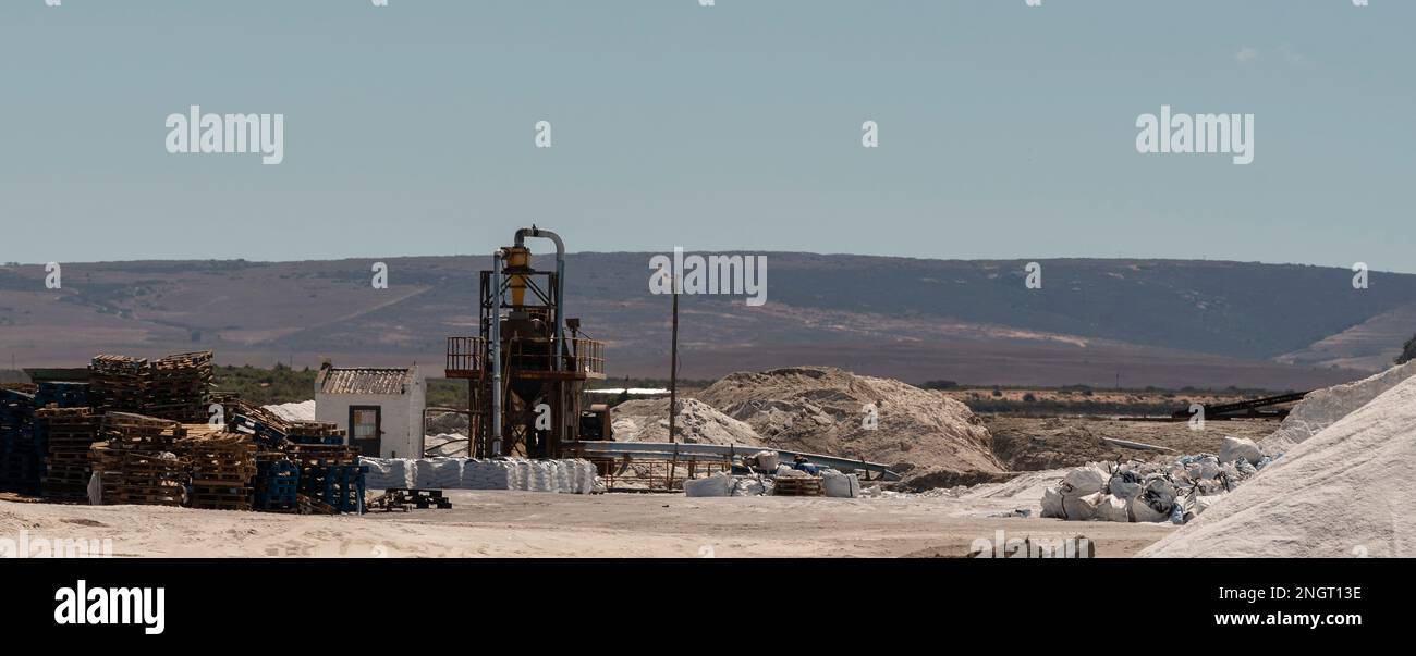 Velddrif, west coast South Africa. 2023. Salt bag packing area in the ...