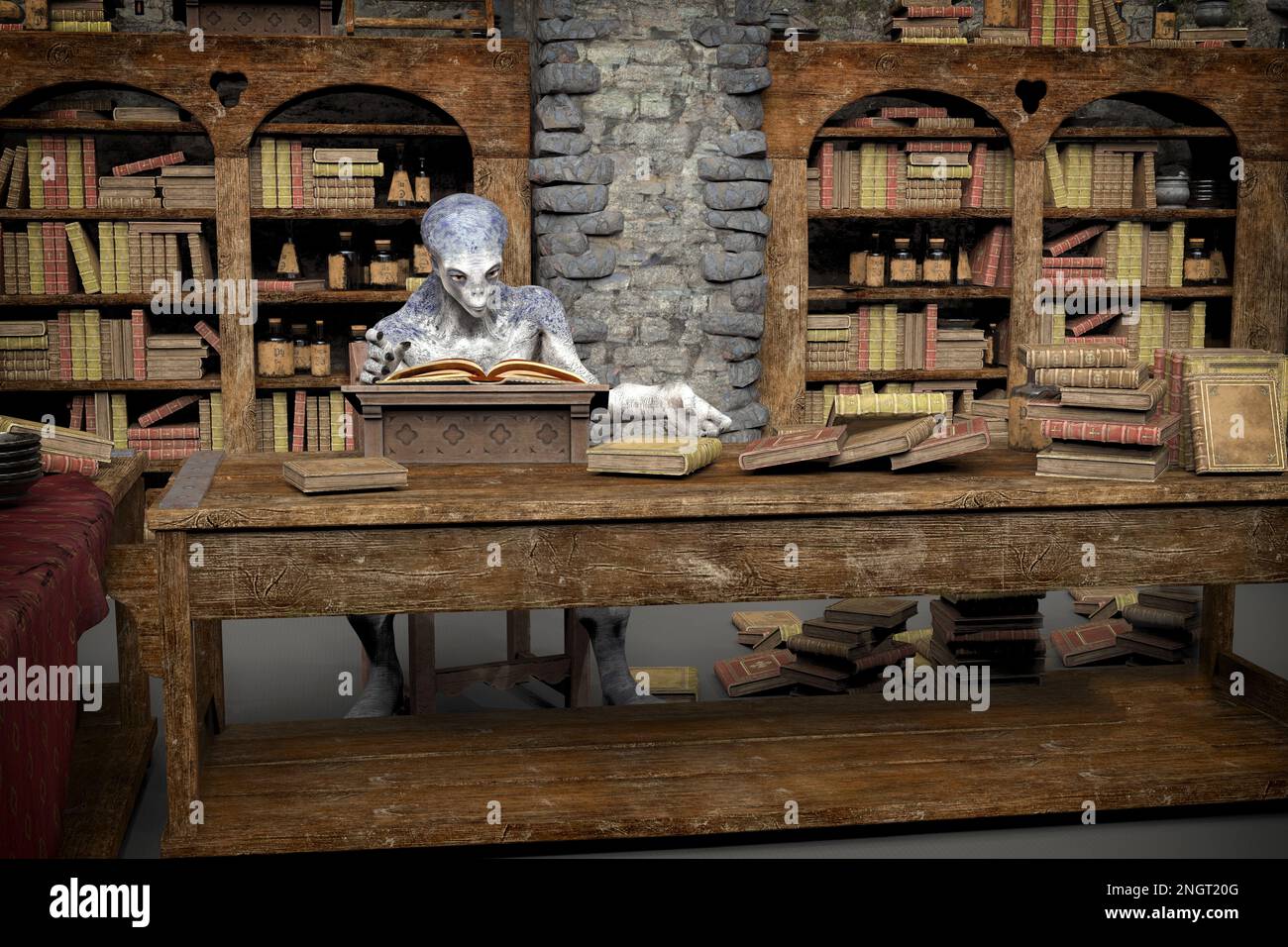 Humanoid alien reading a book in an old house with medieval books and ...