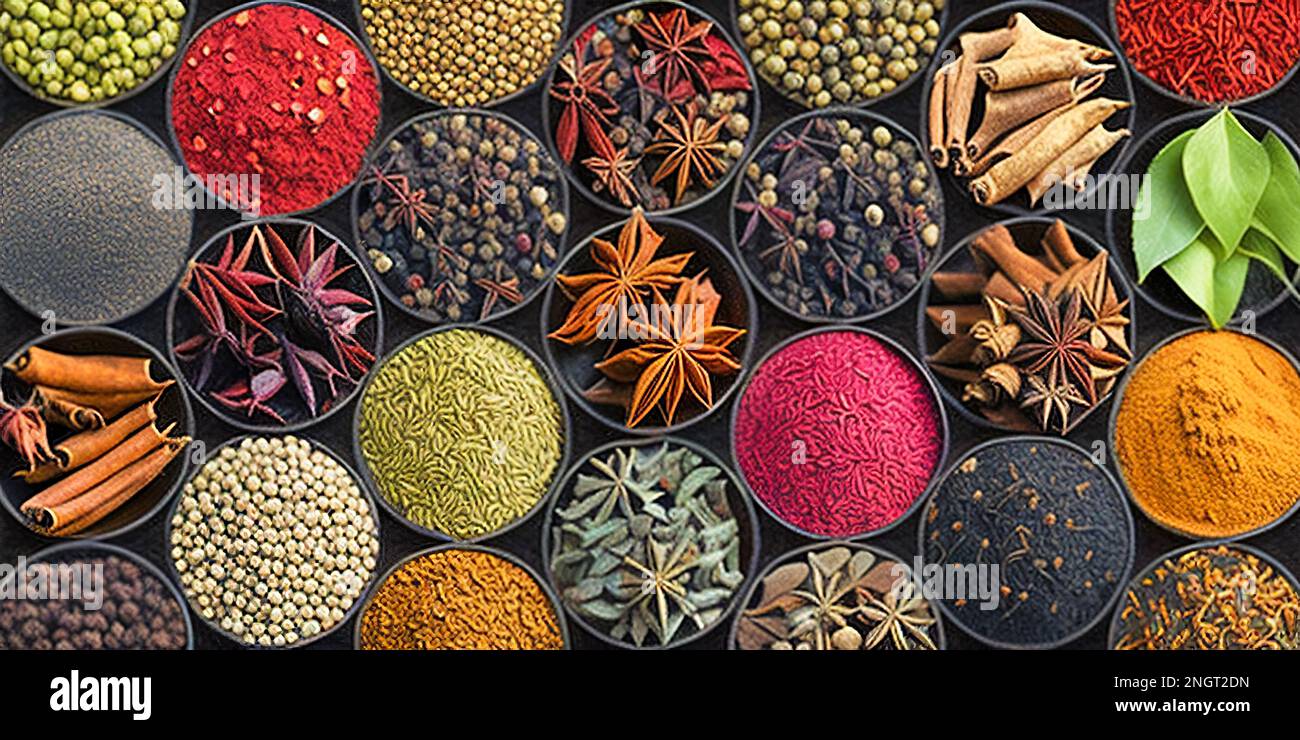 Spice. Colored spice background, top view. Collection seasoning in cups ...