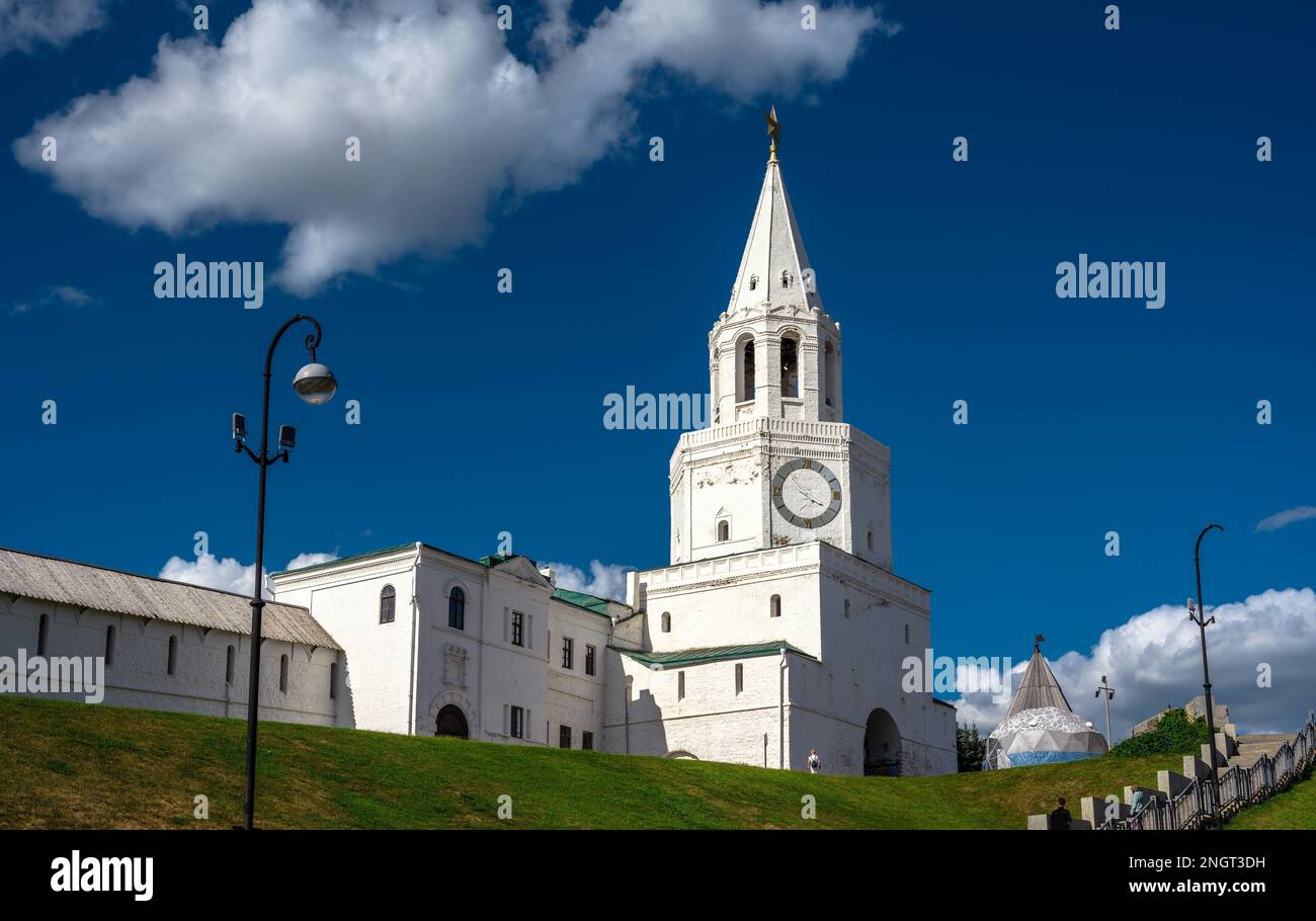 White walls of Kazan Kremlin on sky background, Tatarstan, Russia. Scenery of old stone ...