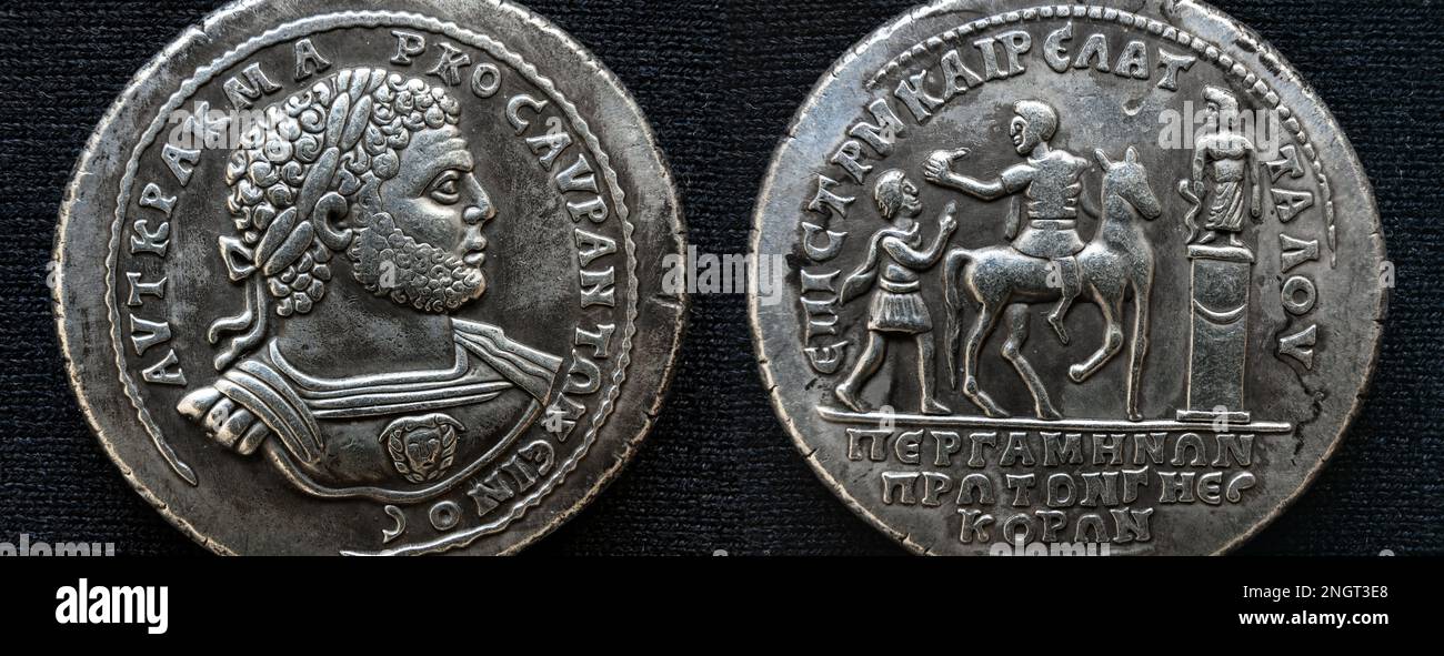 Ancient Roman medallion of Emperor Caracalla minted in Pergamum, macro ...