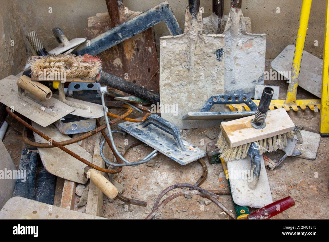 Close up on old and used equipment that gets used in the construction ...