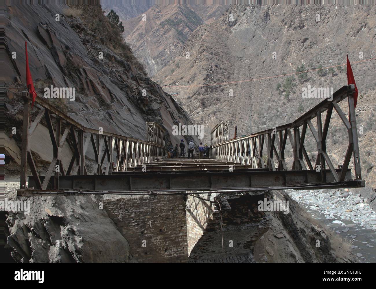 Launching of Bailey bridge over collapsed bridge Stock Photo - Alamy