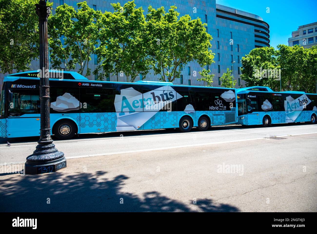 Barcelona, Spain - May 26 2022: There Are Two Blue Hybrid Buses At Bus ...