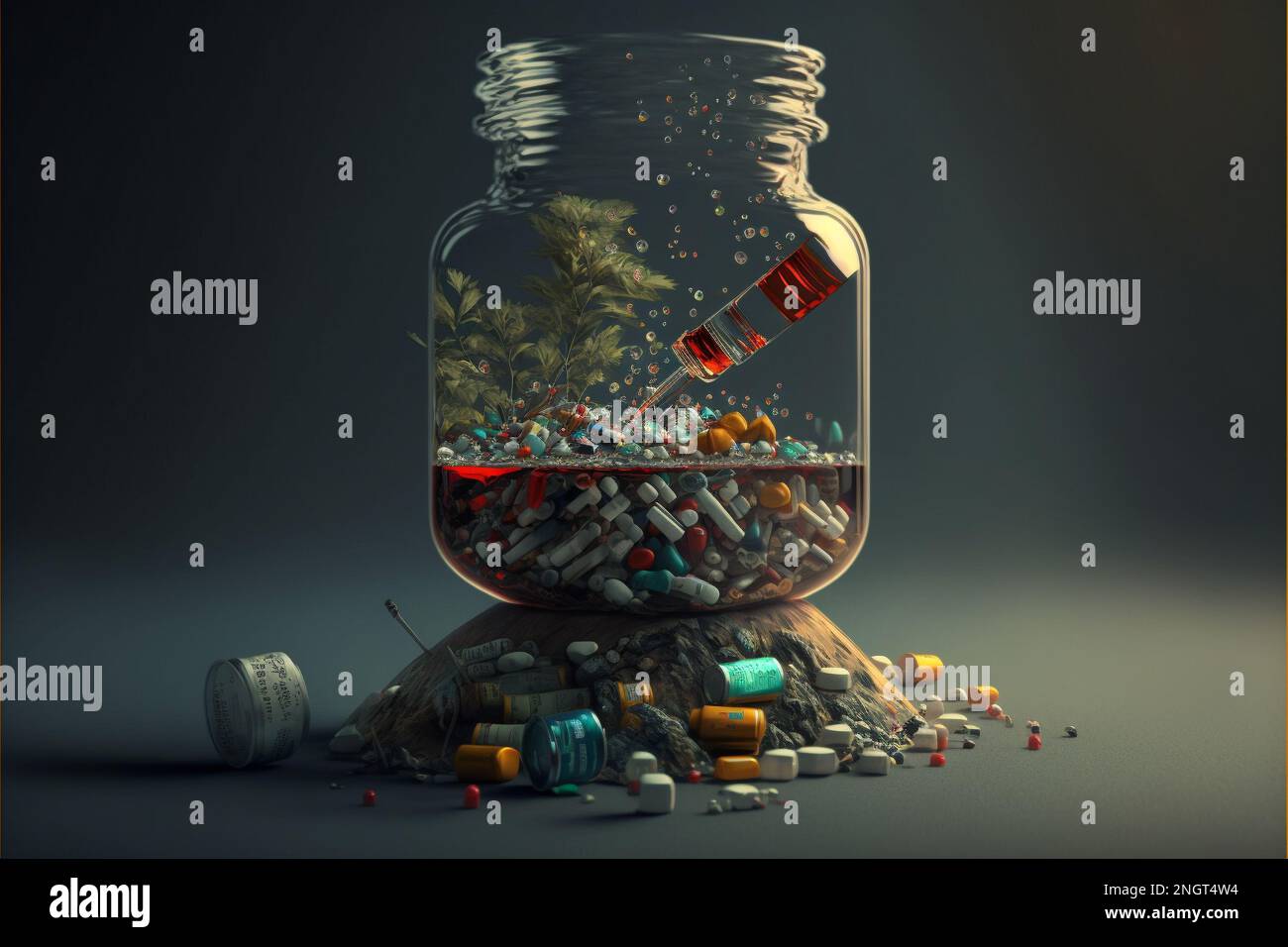 Concept of substance addiction with a central image depicting turmoil, grappling with the ...