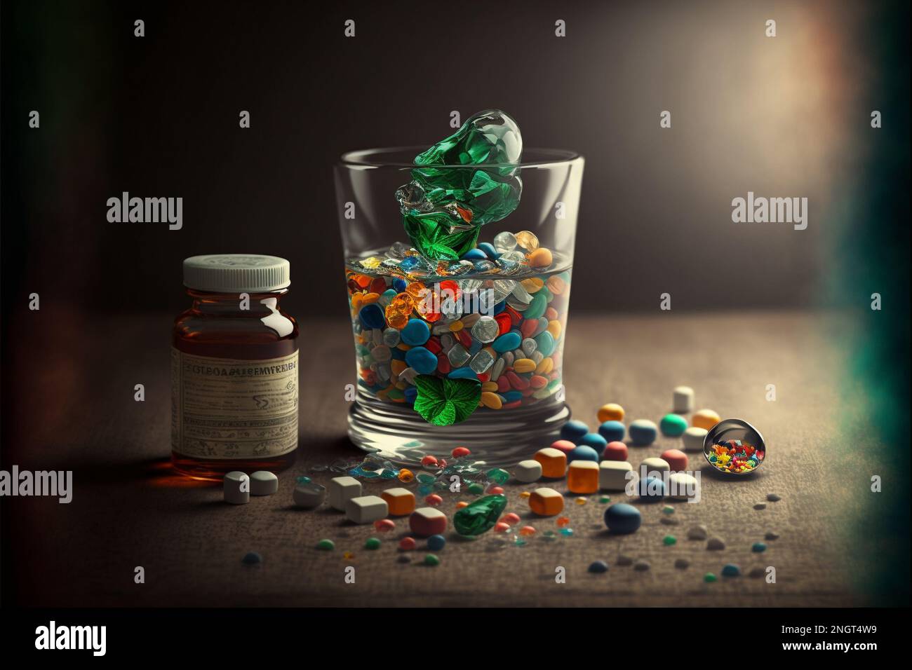 Concept of substance addiction with a central image depicting turmoil ...