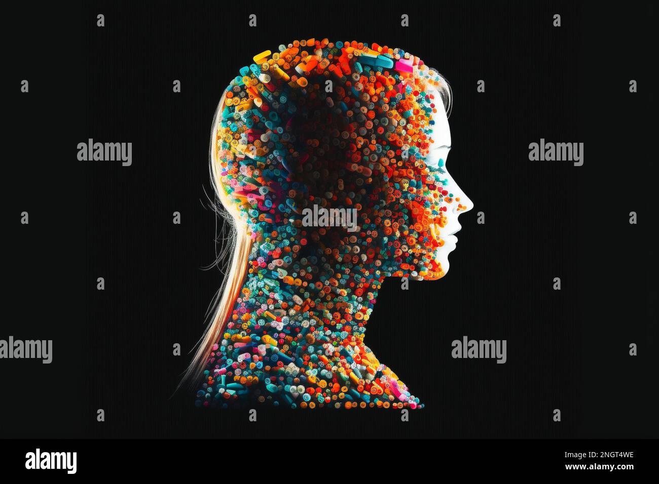 Concept of substance addiction with a central image depicting turmoil ...