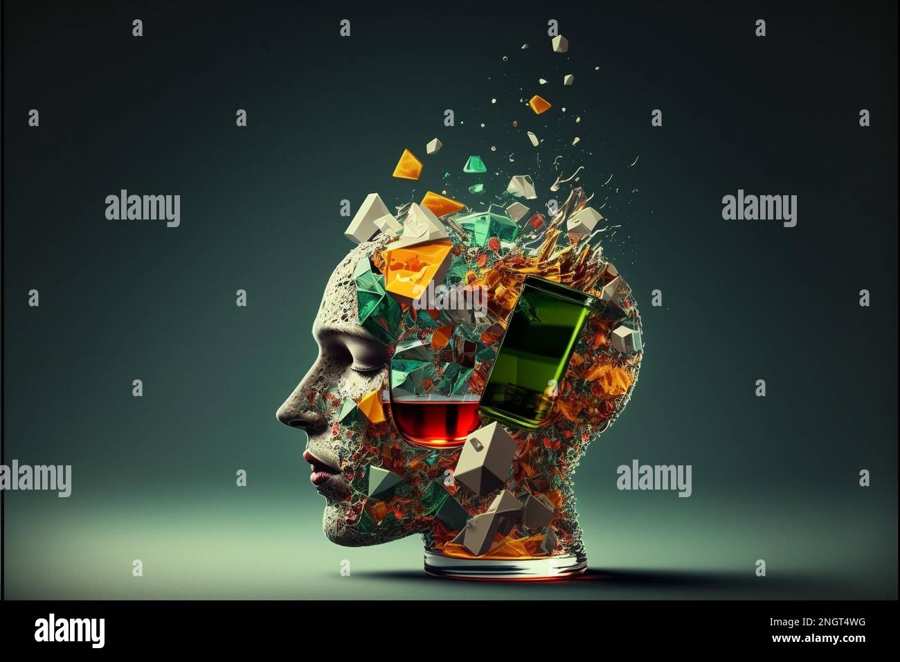 Concept of substance addiction with a central image depicting turmoil, grappling with the ...