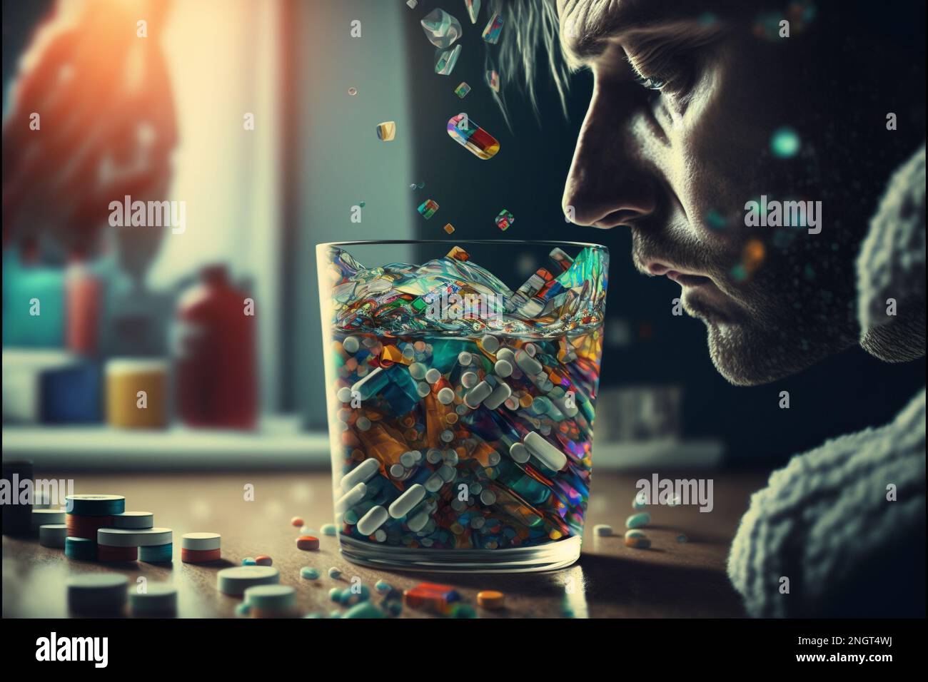 Concept of substance addiction with a central image depicting turmoil ...