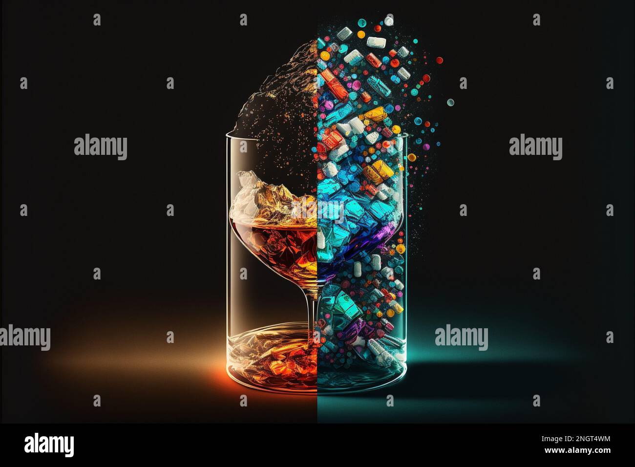 Concept of substance addiction with a central image depicting turmoil ...